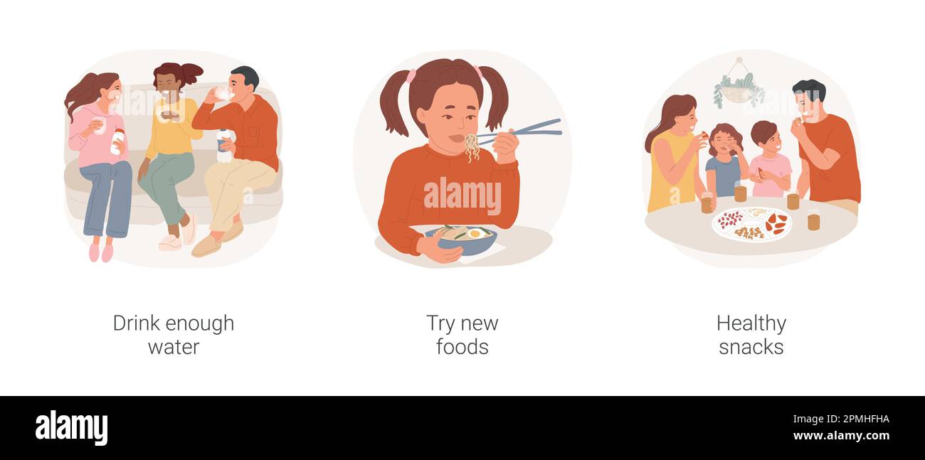 Good food habits isolated cartoon vector illustration set. Drink enough ...