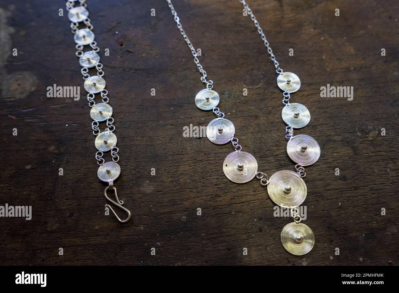 Detail of silver jewellery at silver workshop, Lake Inle, Shan State ...