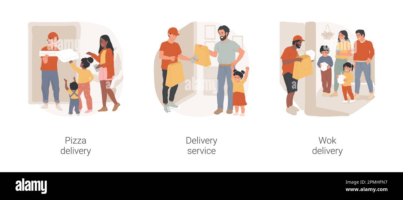 Food delivery isolated cartoon vector illustration set. Courier in ...