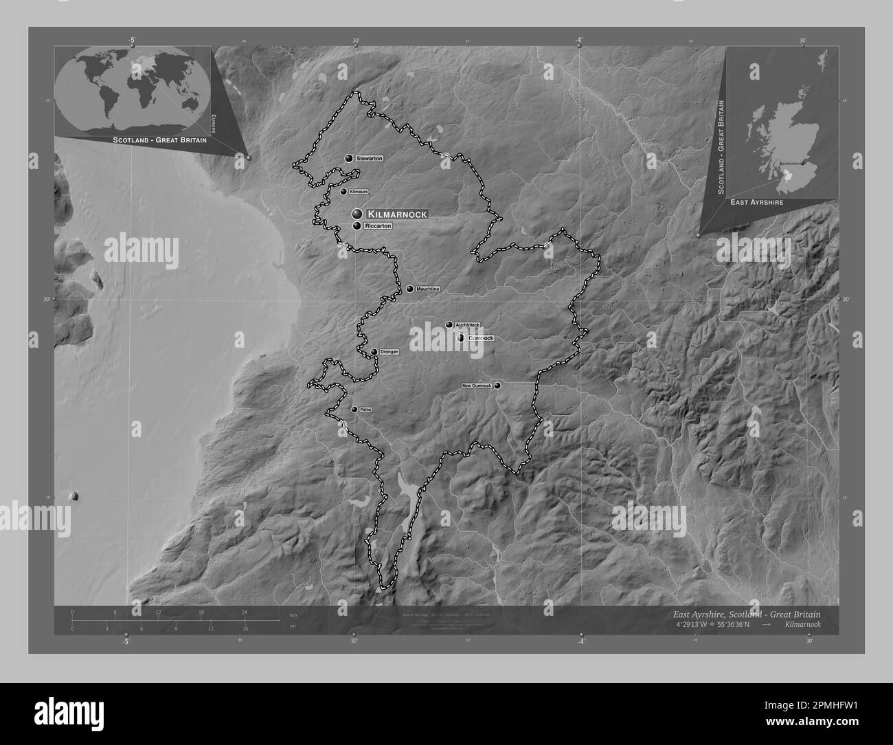 East Ayrshire, region of Scotland - Great Britain. Grayscale elevation ...