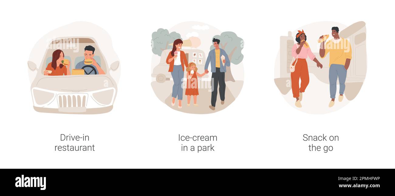 Eating on-the-go isolated cartoon vector illustration set. Drive-in ...