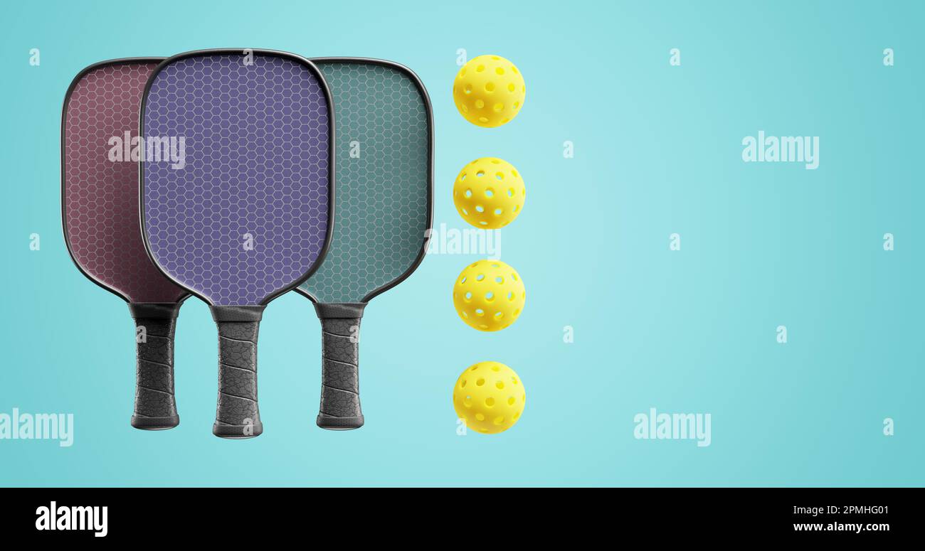 Pickleball set of three rackets and balls on an isolated background. 3d ...