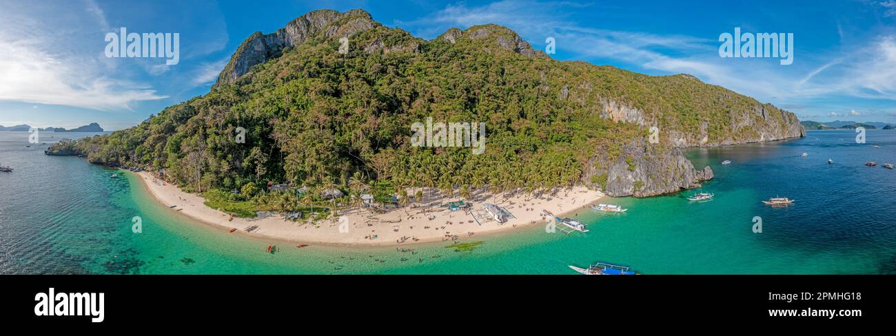 Drone panorama of the paradisiacal Seven Commandos beach near El Nido ...