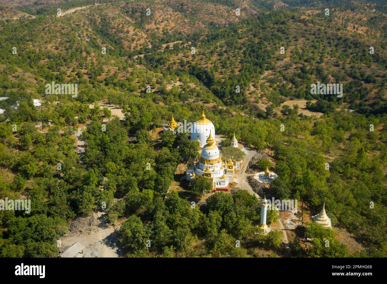 High angle view of pagoda near Maha Bodhi Ta Htaung Standing Buddha ...