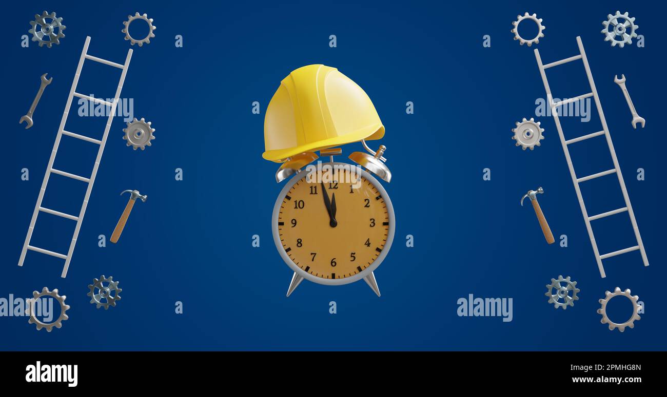 Happy Labor Day. Safety helmet on an alarm clock with working tools. 3d ...