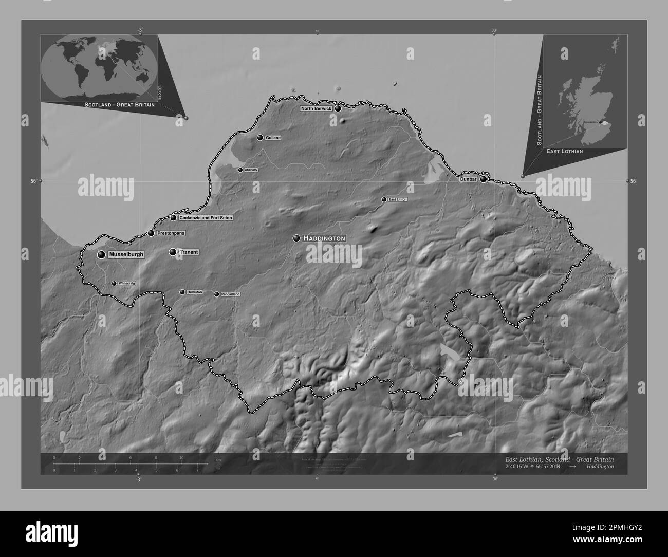 East Lothian, region of Scotland - Great Britain. Bilevel elevation map ...