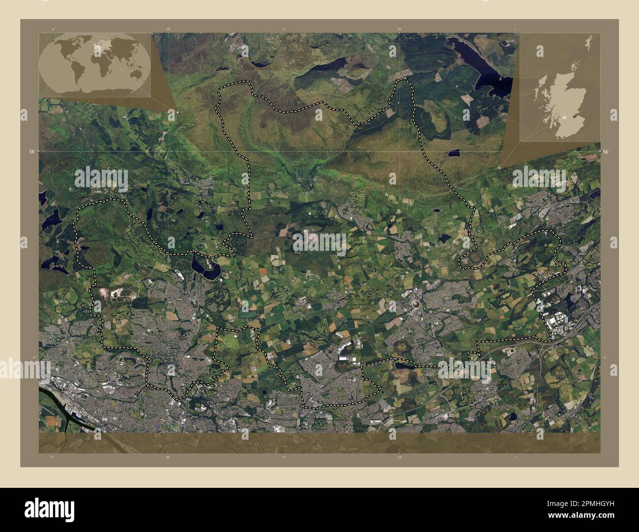 East Dunbartonshire, region of Scotland - Great Britain. High resolution satellite map. Corner ...