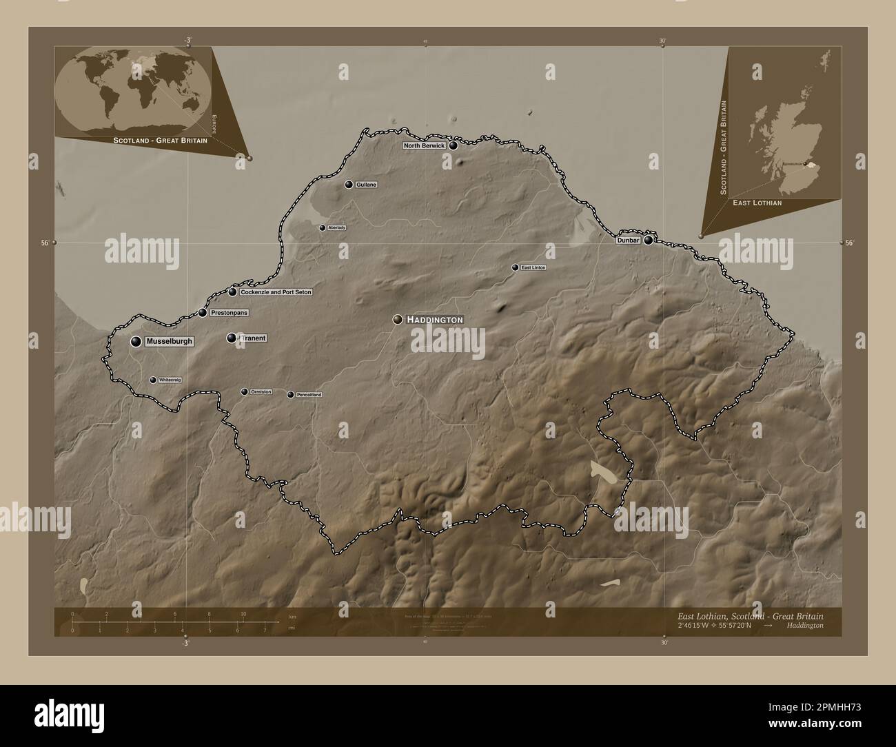 East Lothian, region of Scotland - Great Britain. Elevation map colored ...