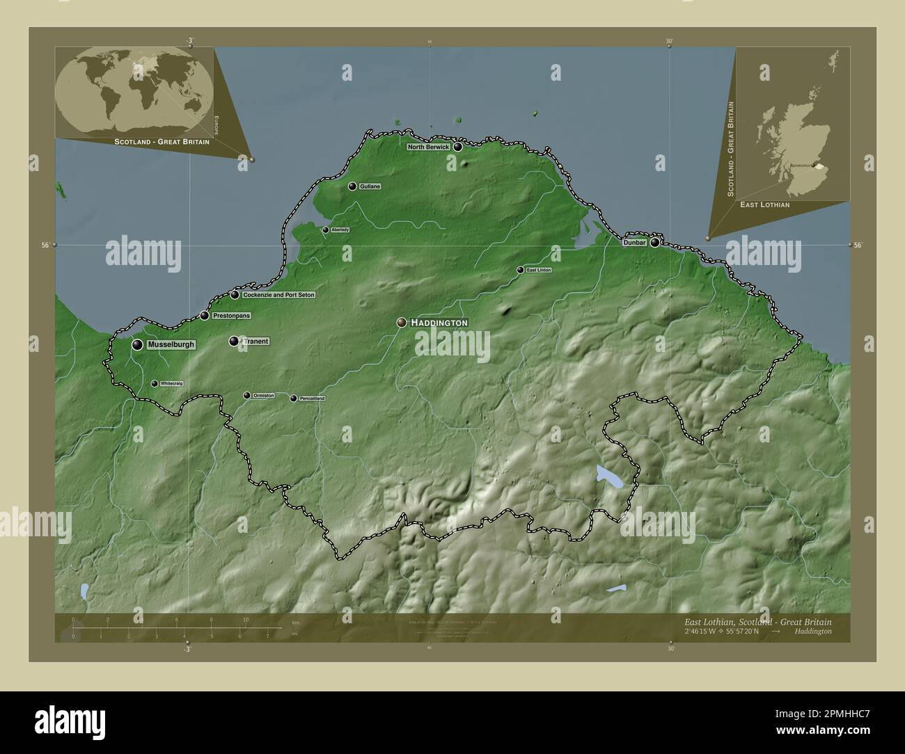 East Lothian, region of Scotland - Great Britain. Elevation map colored ...