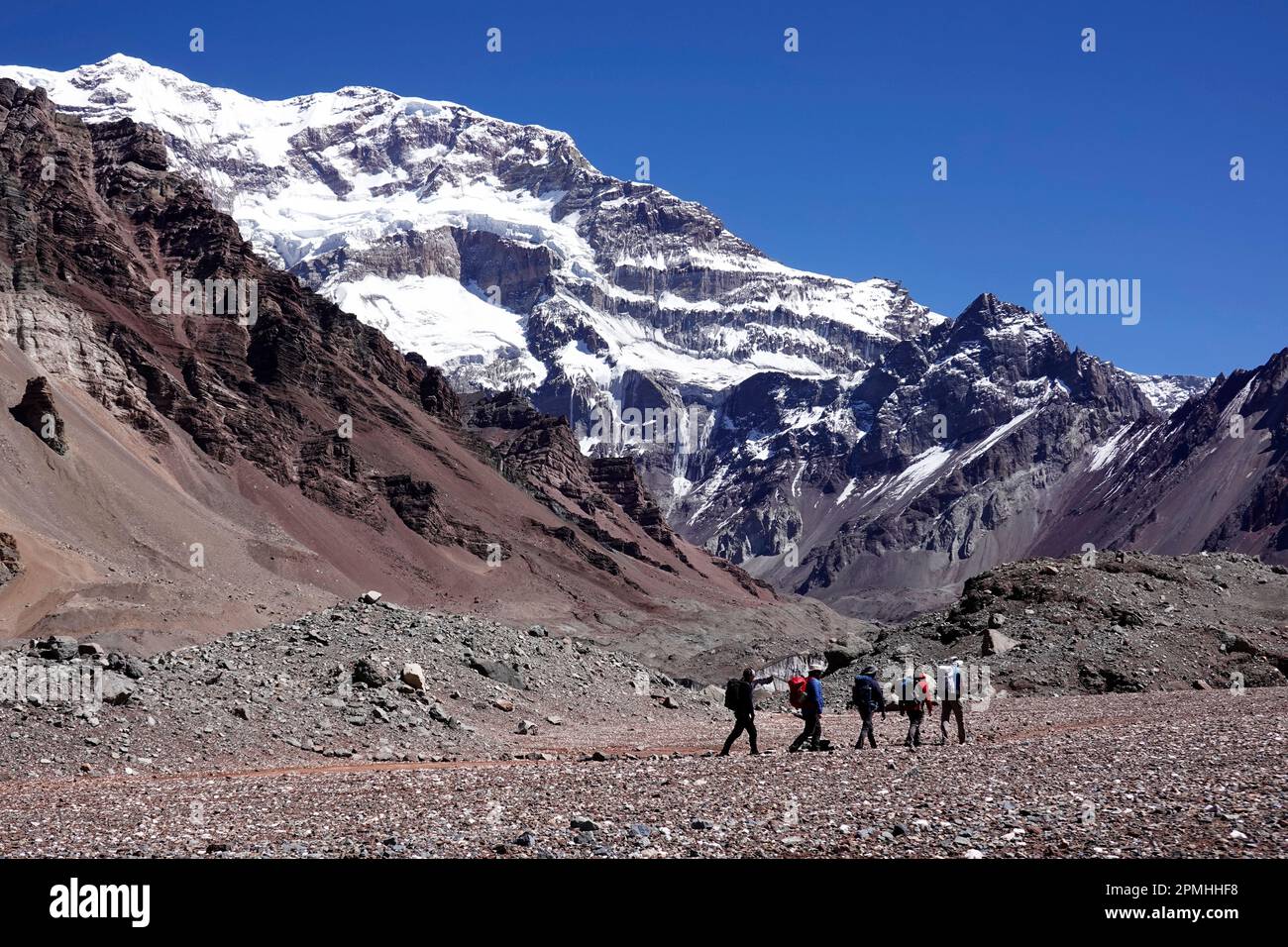 Climbers approaching Aconcagua, 6961 metres, the highest mountain in ...
