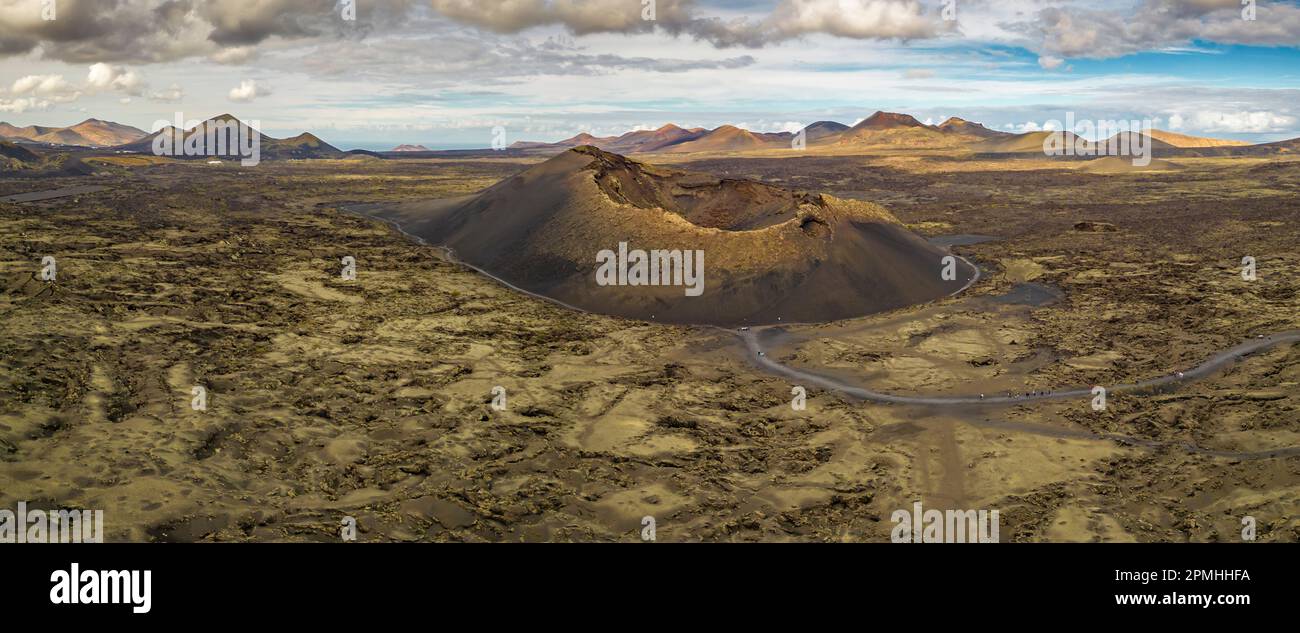 Aerial view of El Cuervo Volcano, Timanfaya National Park, Lanzarote ...