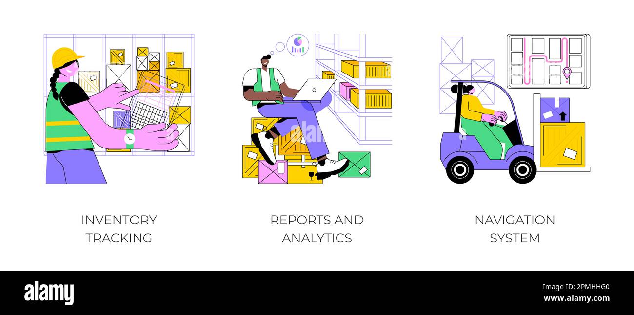 Warehouse management system isolated cartoon vector illustrations set. Inventory tracking ...