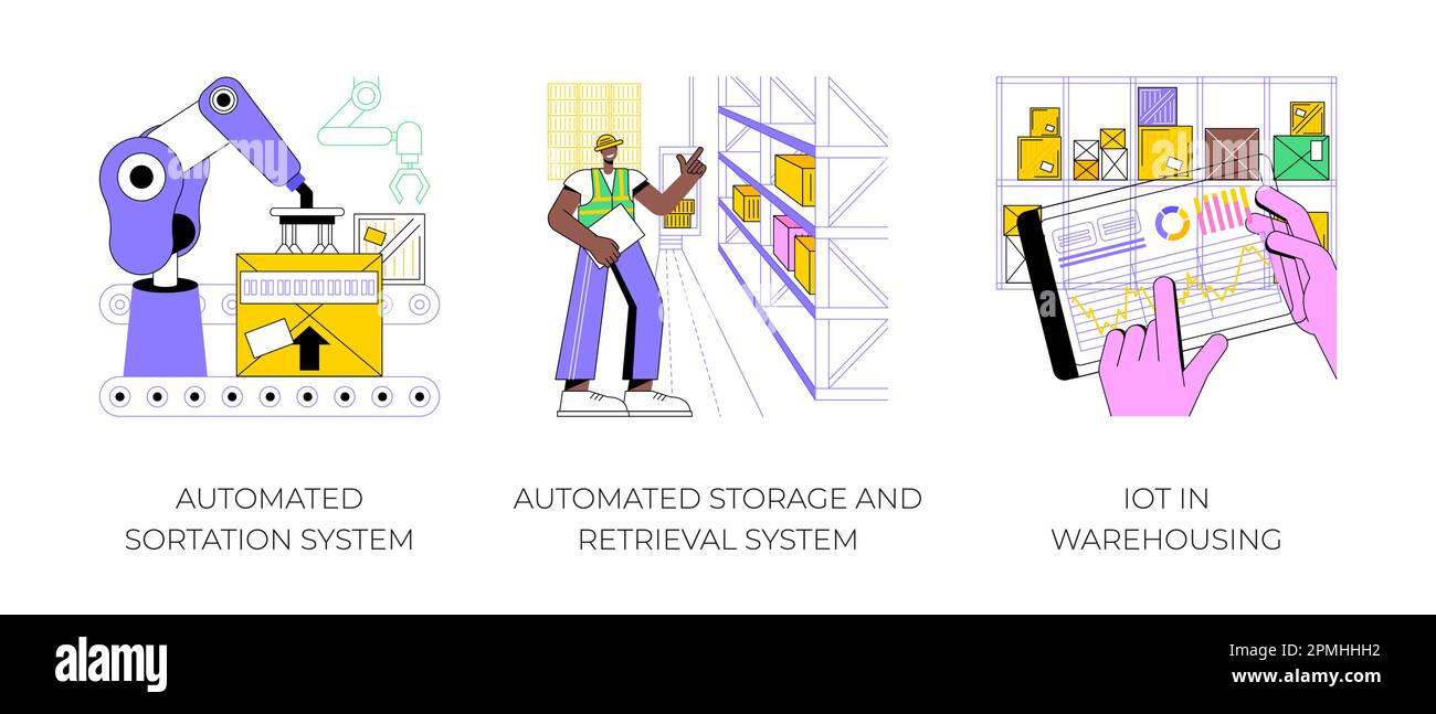 Warehousing automation isolated cartoon vector illustrations set. Robotic arm sorting goods in ...