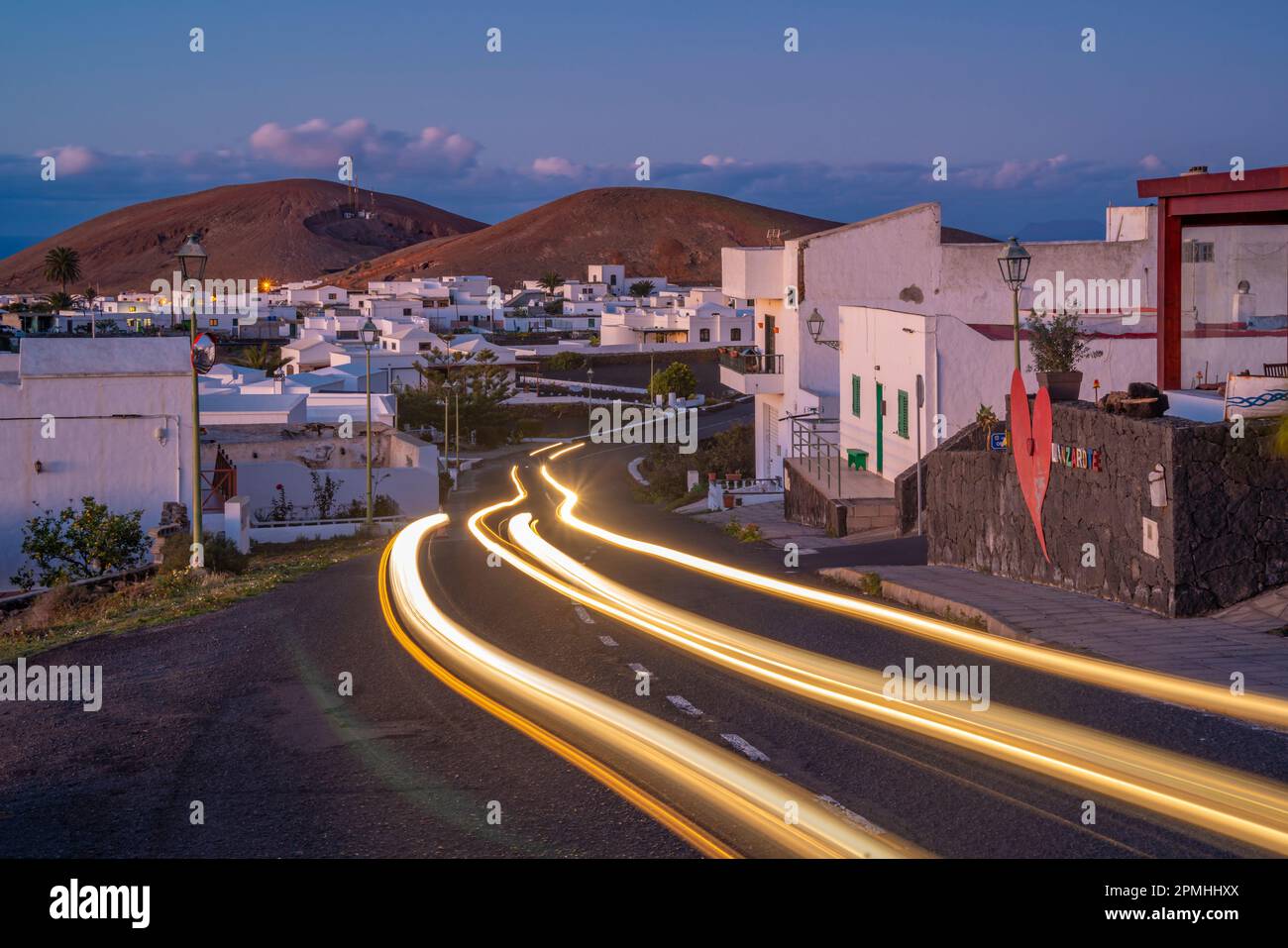 View of trail lights through Mancha Blanca, Timanfaya National Park at ...