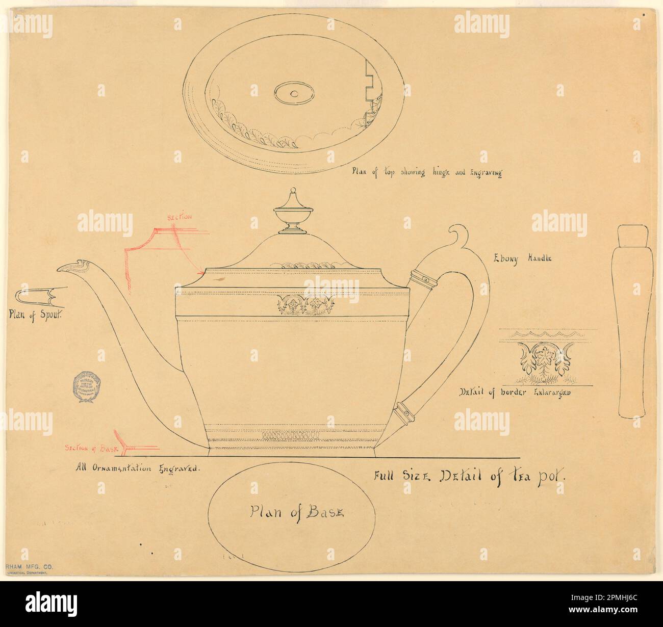 Drawing, Full Scale Plan for Engraved George III Style Silver Teapot ...
