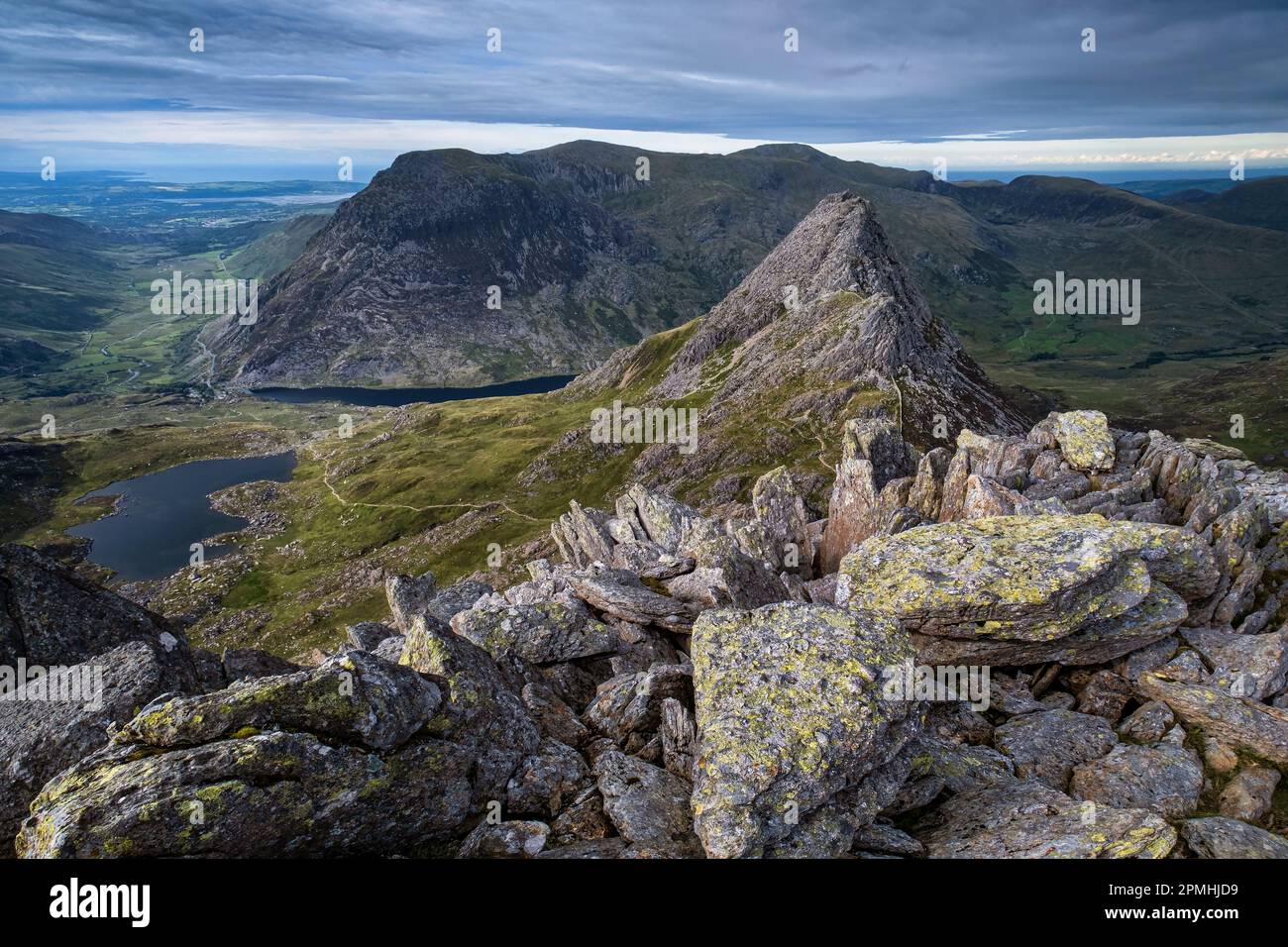Tryfan and the Ogwen Valley viewed from Bristly Ridge, Eryri, Snowdonia ...
