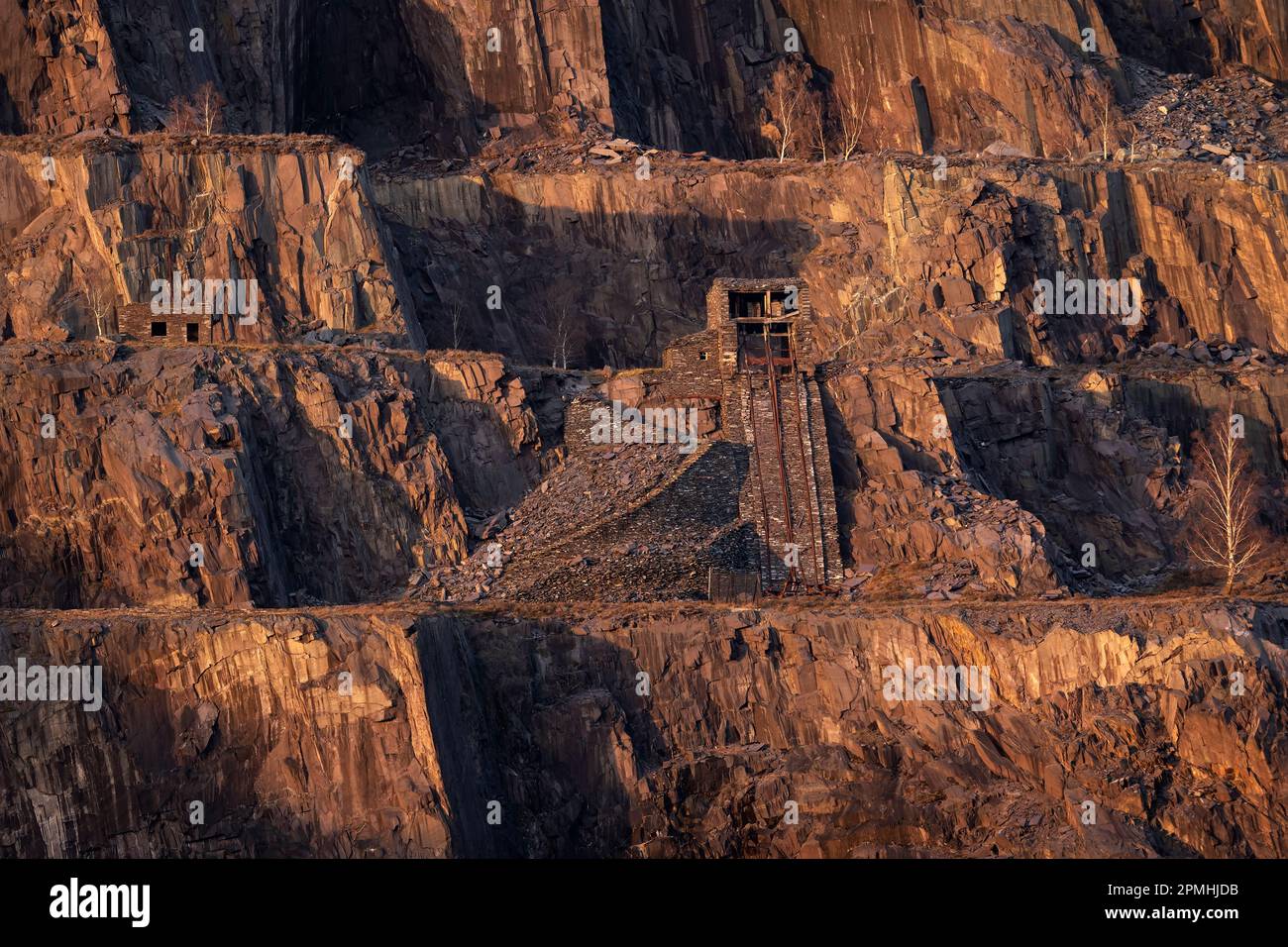 Quarry levels and inclines at sunset, Dinorwic (Dinorwig) Quarry, Eryri ...