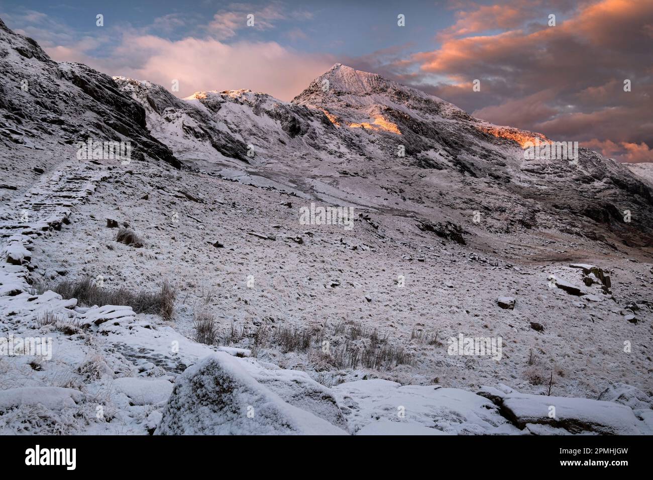 First Light on Crib Goch from the PYG Track in winter, near Pen y pass ...