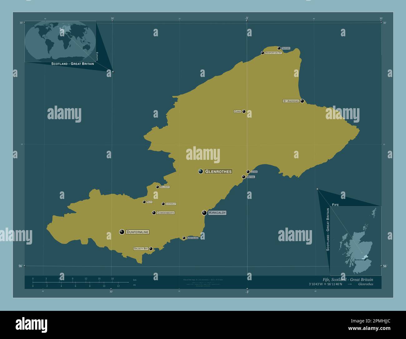 Fife, region of Scotland - Great Britain. Solid color shape. Locations ...
