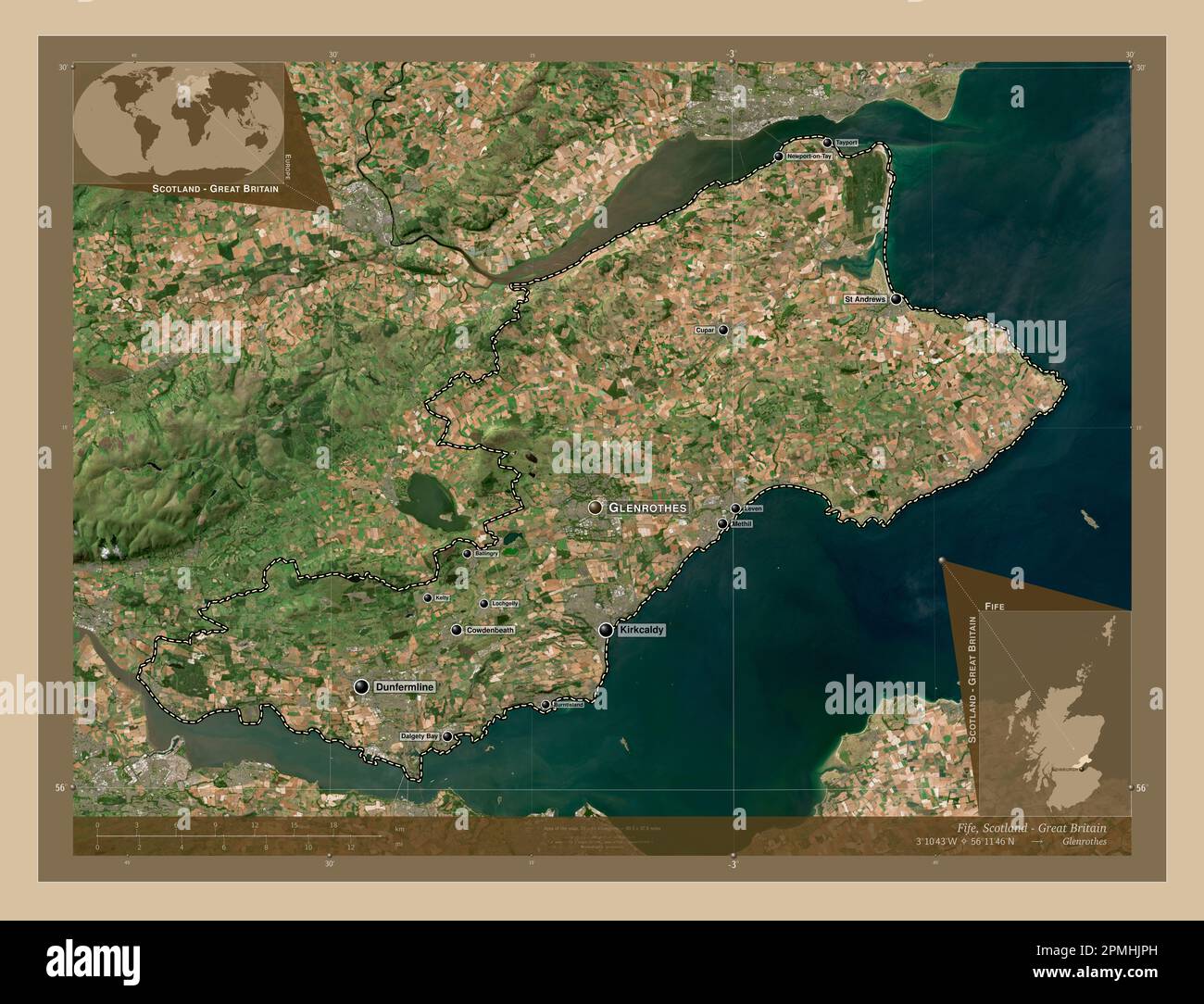 Fife, region of Scotland - Great Britain. Low resolution satellite map ...