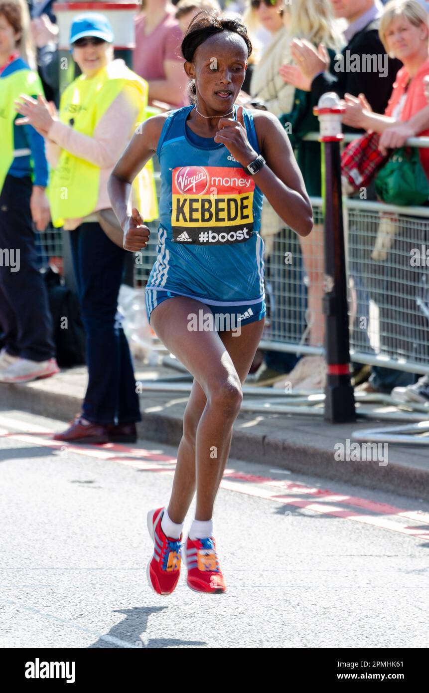 Aberu Kebede competing in the London Marathon 2014, passing through ...