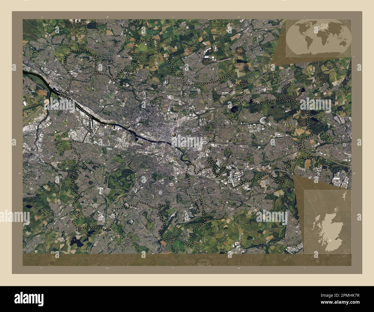 Glasgow, region of Scotland - Great Britain. High resolution satellite map. Corner auxiliary ...