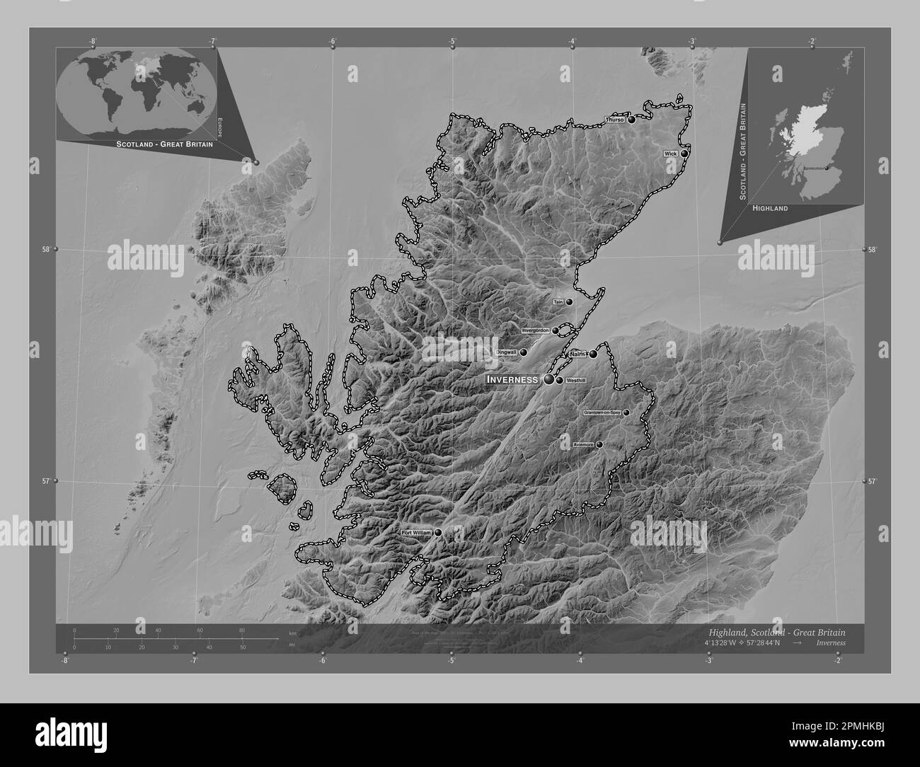 Highland, region of Scotland - Great Britain. Grayscale elevation map ...