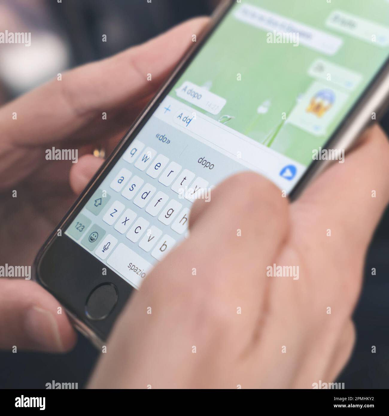 Woman hands using smartphone typing, chatting conversation in chat box ...