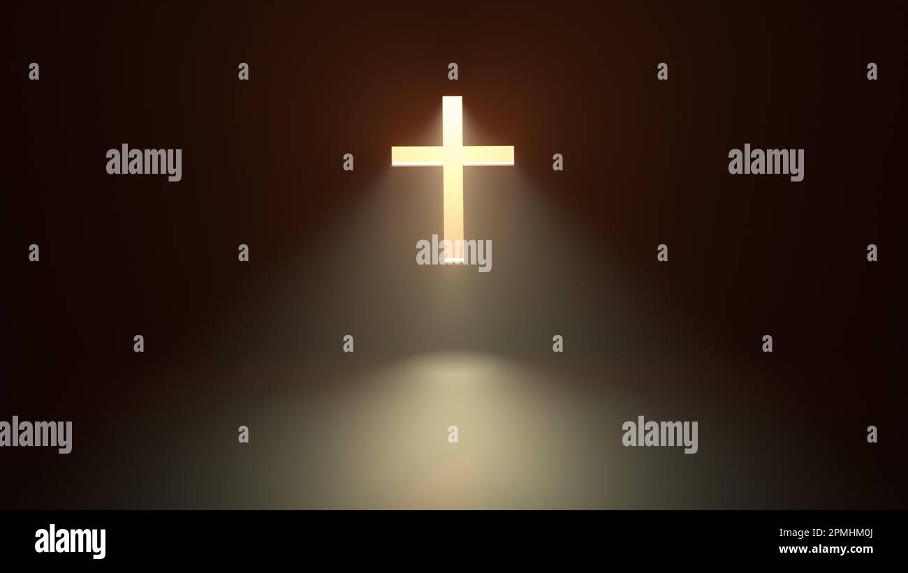 Shining cross on the wall with warm yellow rays of light - 3D ...