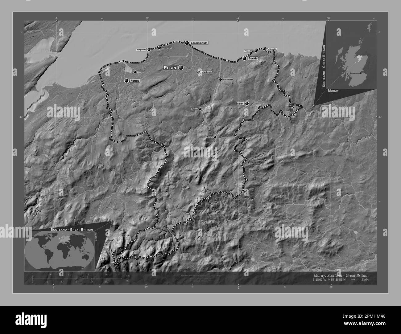 Moray, region of Scotland - Great Britain. Bilevel elevation map with ...