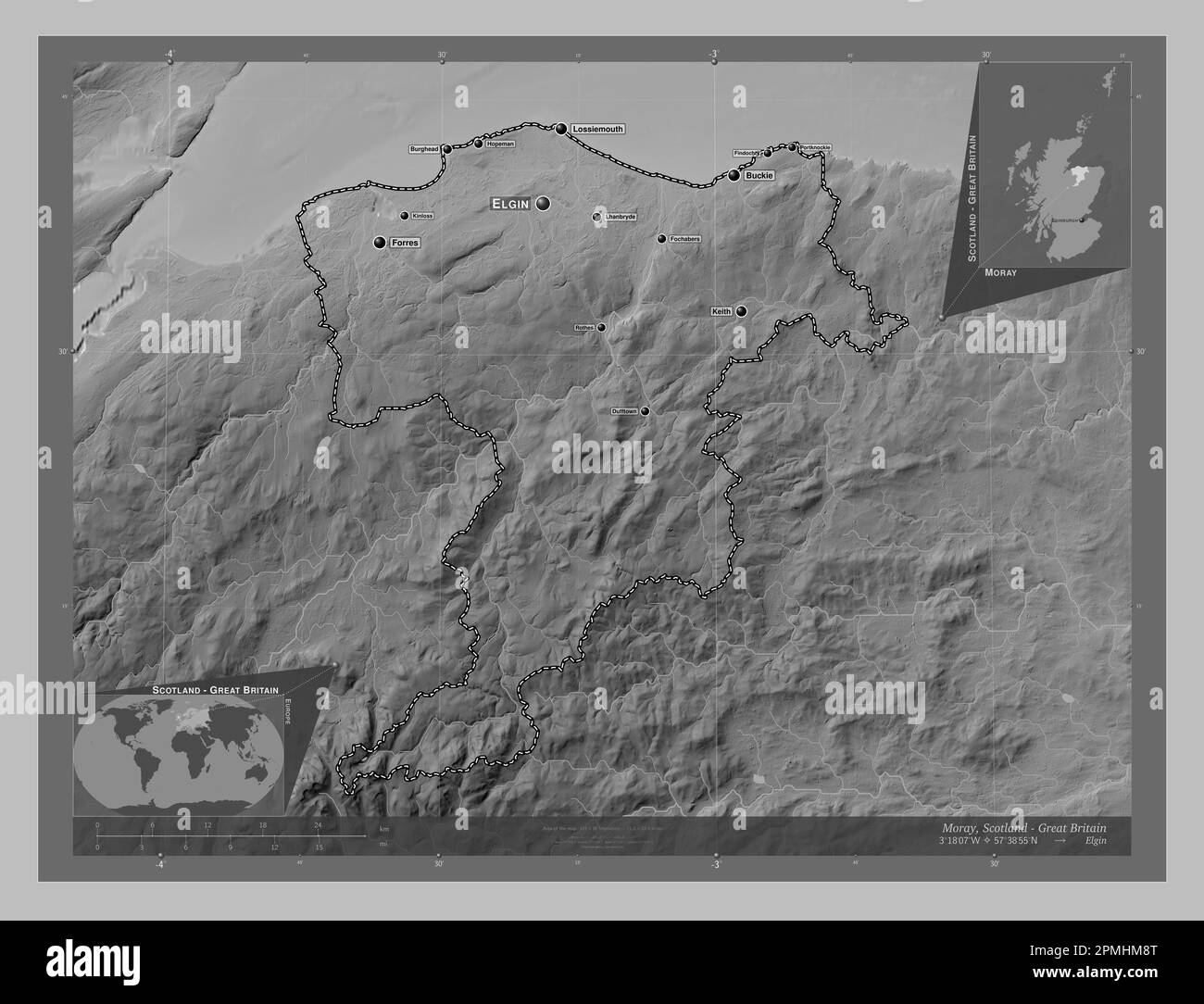 Moray, region of Scotland - Great Britain. Grayscale elevation map with ...
