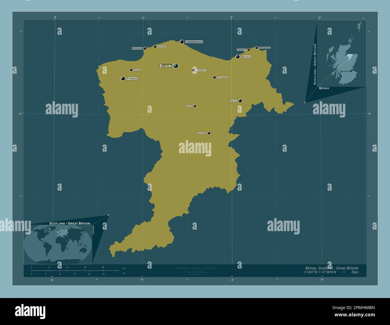 Moray, region of Scotland - Great Britain. Solid color shape. Locations ...