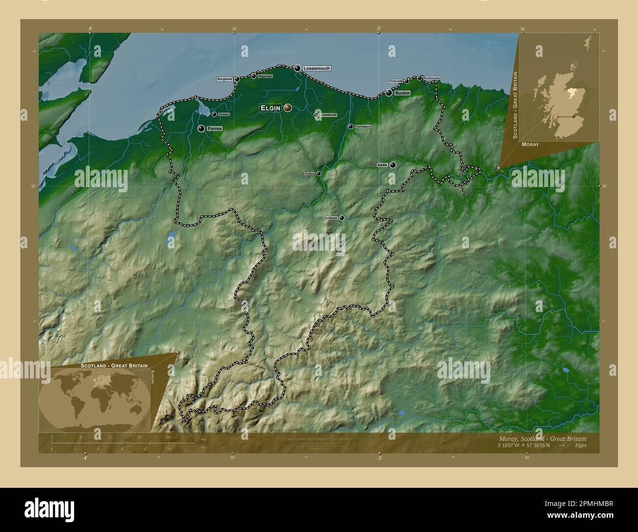 Moray, region of Scotland - Great Britain. Colored elevation map with ...