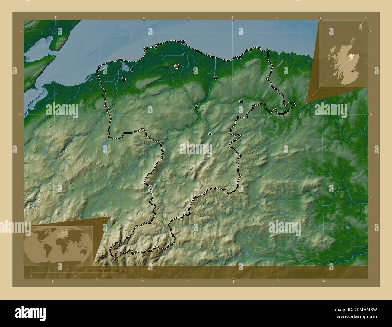 Moray, region of Scotland - Great Britain. Colored elevation map with ...
