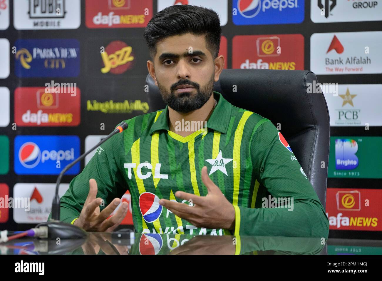 Pakistan's skipper Babar Azam gives a press conference, in Lahore ...