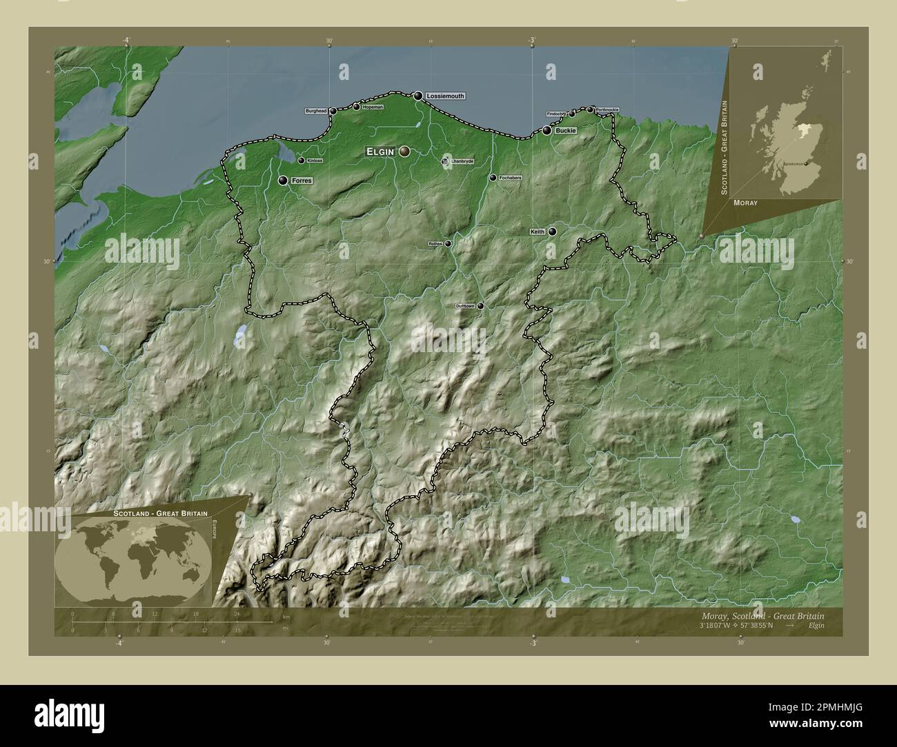 Moray, region of Scotland - Great Britain. Elevation map colored in ...