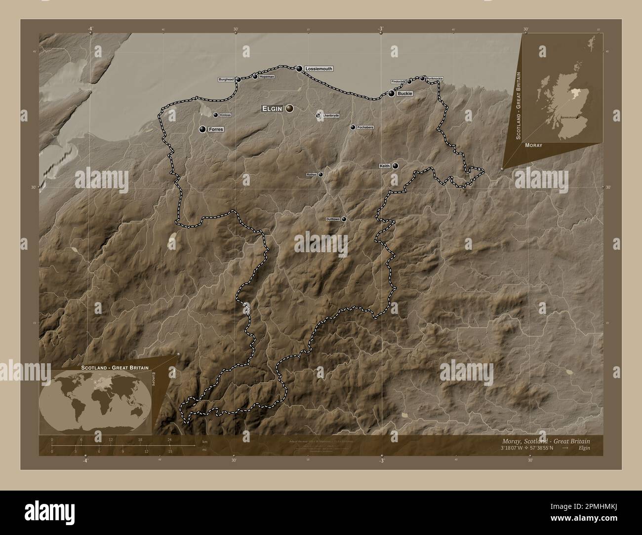 Moray, region of Scotland - Great Britain. Elevation map colored in ...
