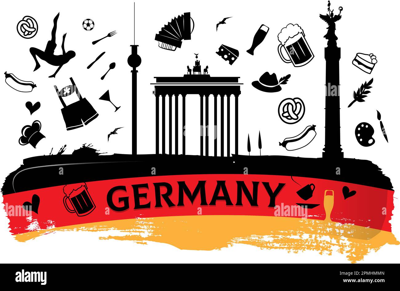 germany travel banner with icon and monuments on flag. vector ...