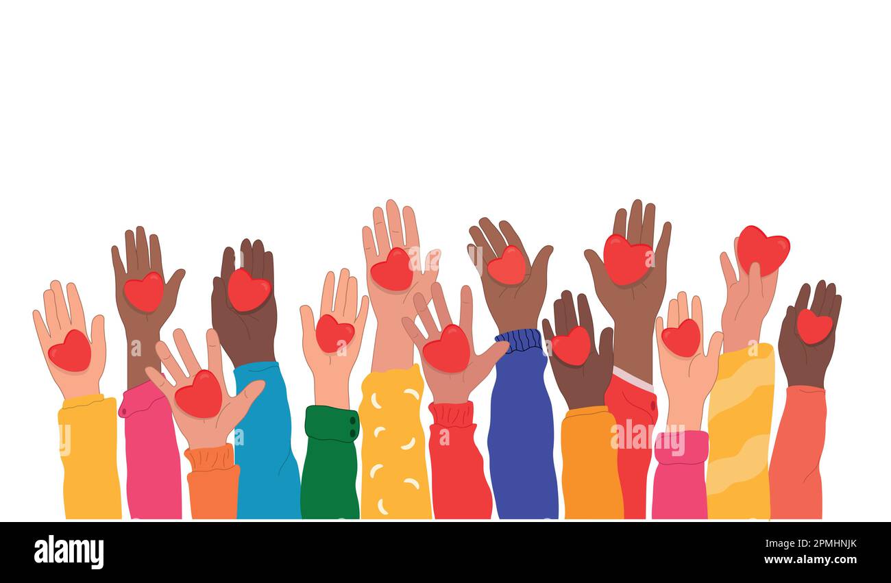 Hands raised up hold hearts, share compassion and hope with those in ...