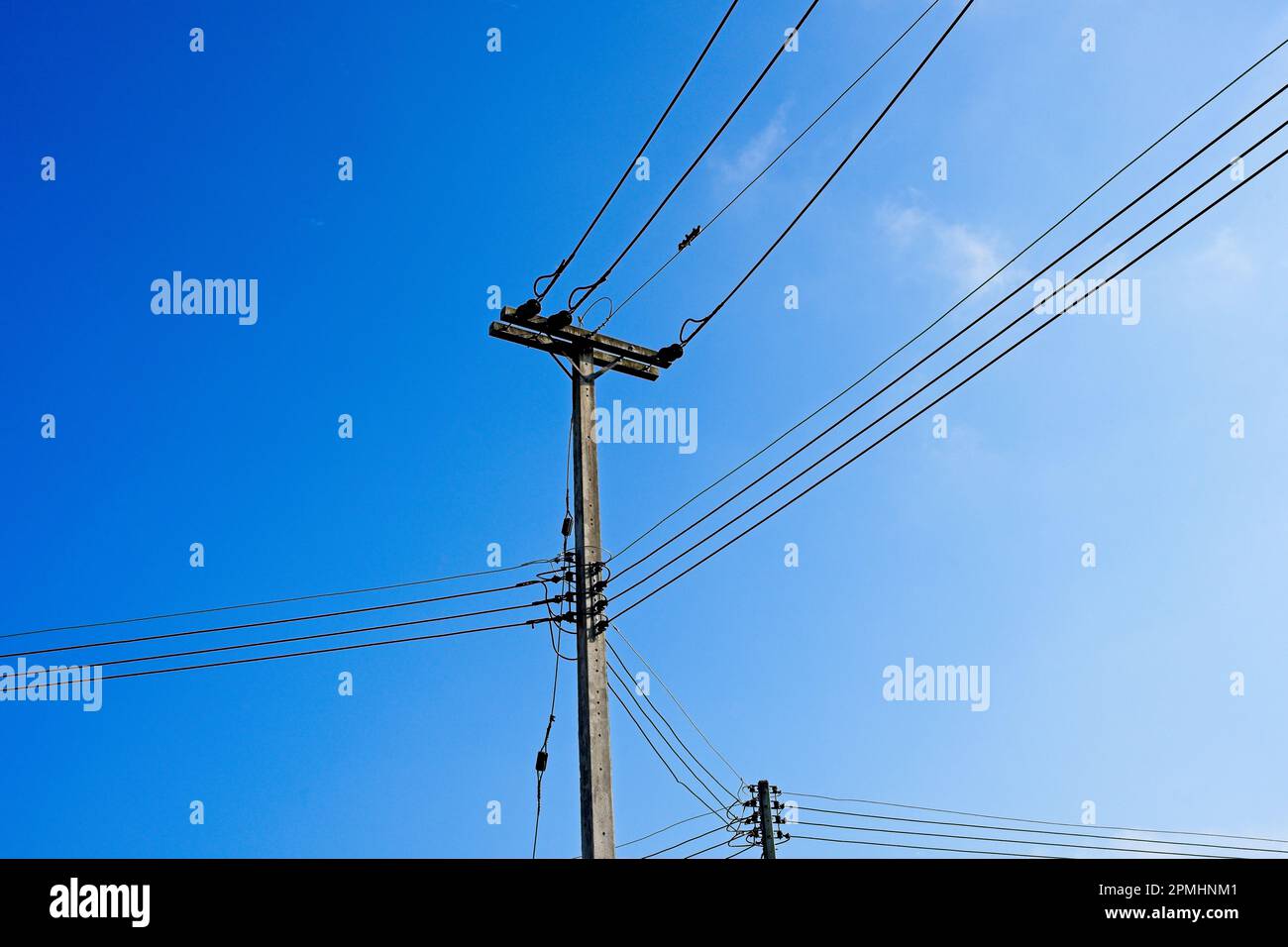 A scenic view of telephone poles and overhead electrical wires against ...