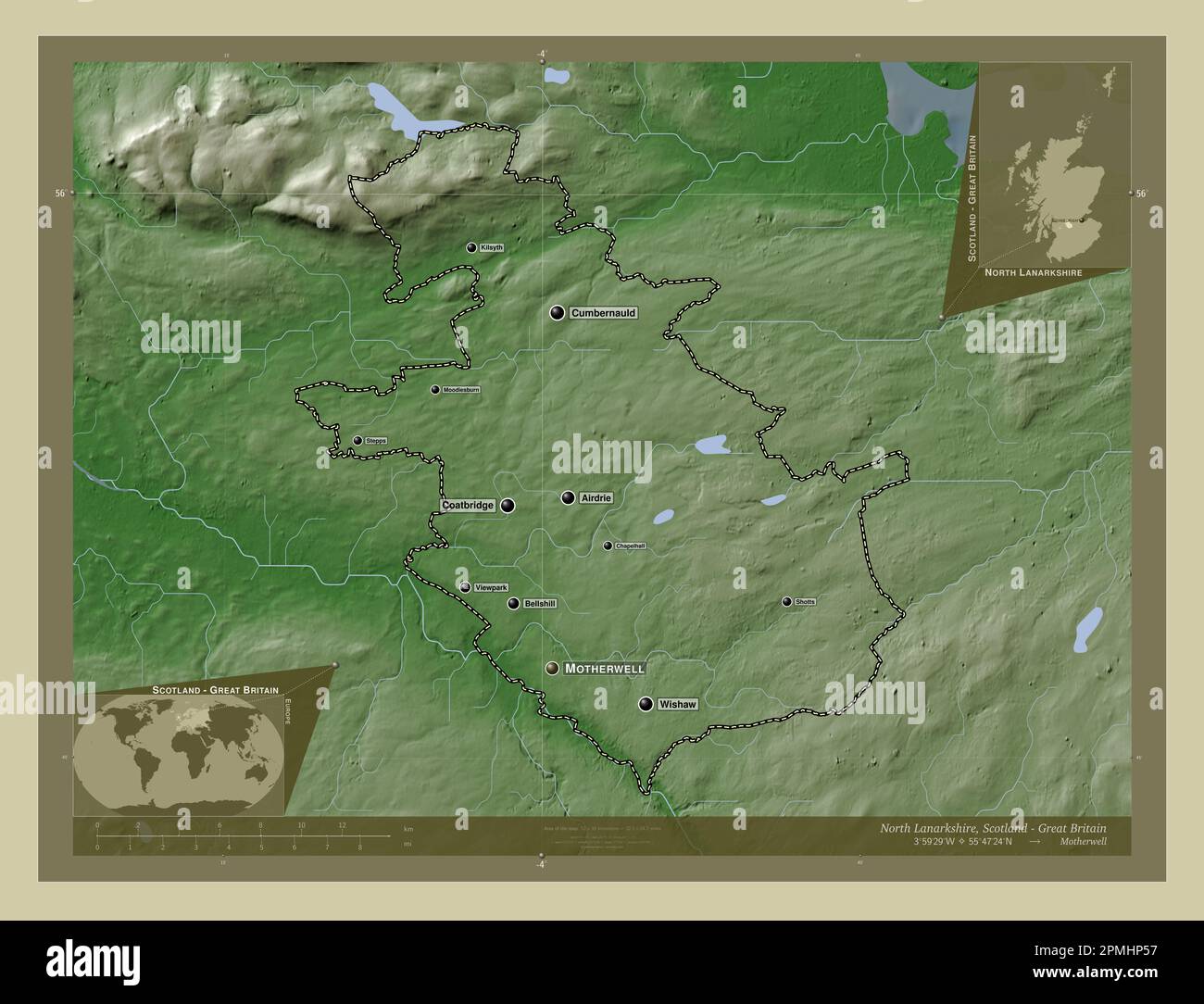 North Lanarkshire, region of Scotland - Great Britain. Elevation map ...