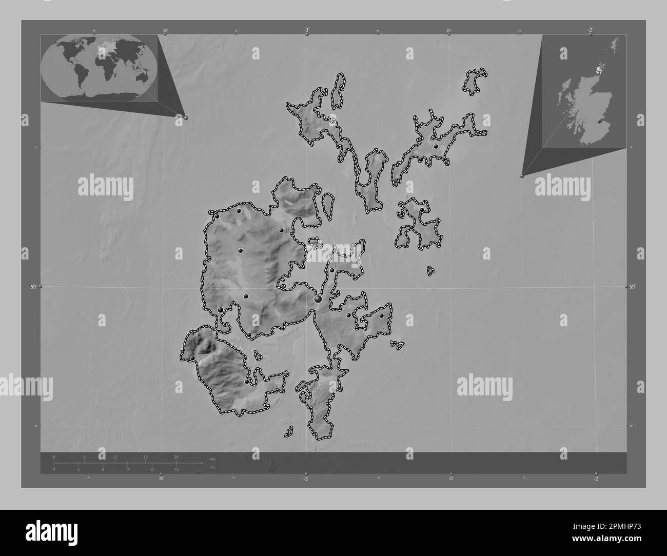 Orkney Islands, region of Scotland - Great Britain. Grayscale elevation ...