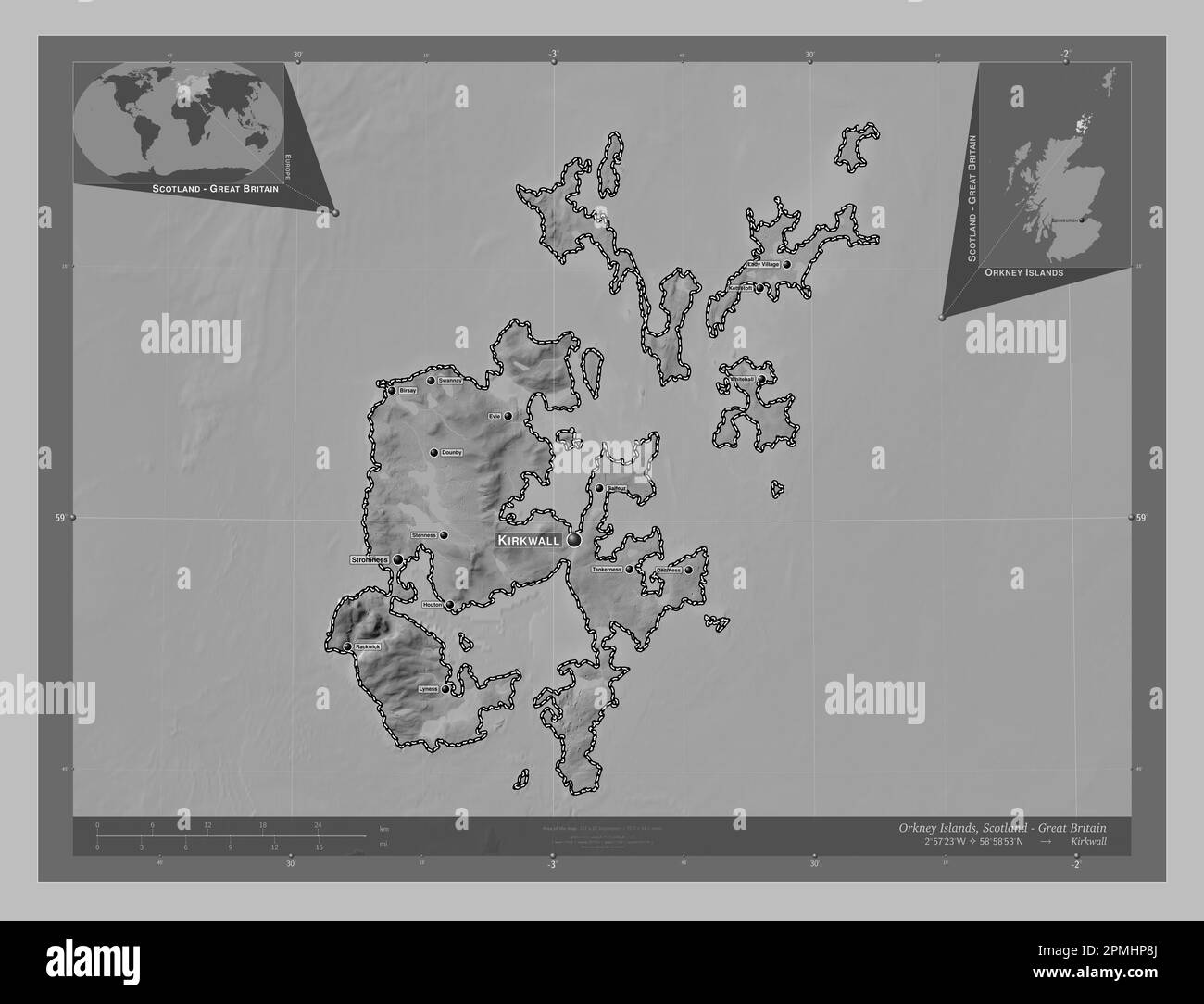 Orkney Islands, region of Scotland - Great Britain. Grayscale elevation ...