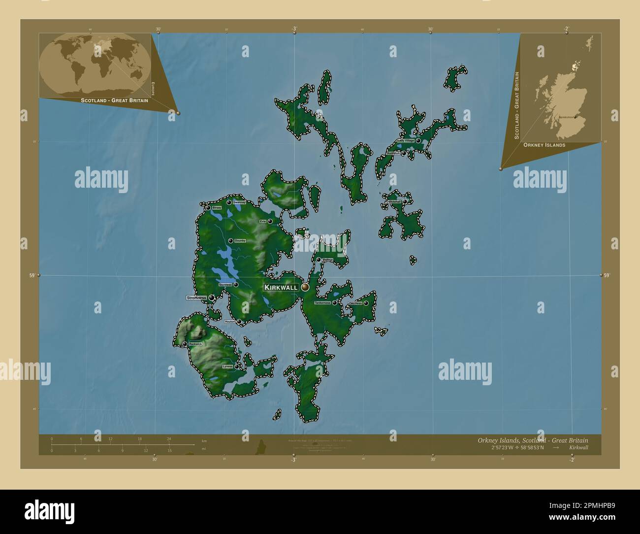 Orkney Islands, region of Scotland - Great Britain. Colored elevation ...
