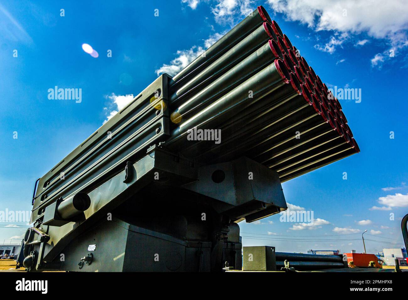 Launcher of the BM-12 Grad multiple launch rocket system of the Russian ...