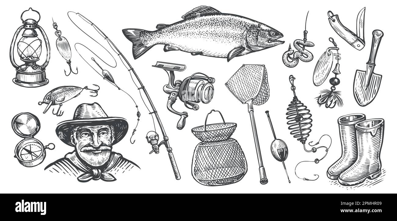 Fishing concept, set vector. Collection of hand-drawn sketch ...