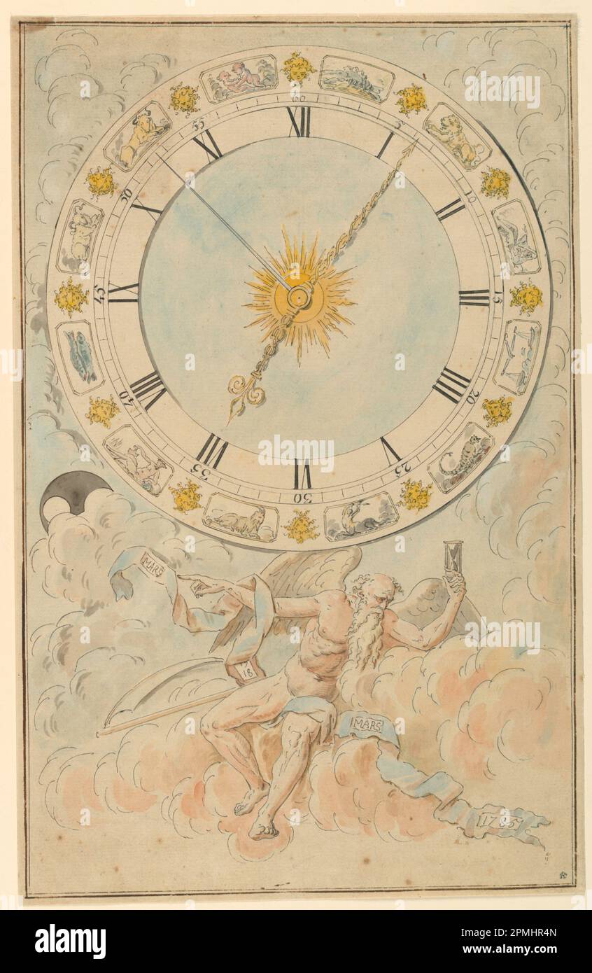Drawing, Clock face with the signs of the zodiac; France; pen and black ...