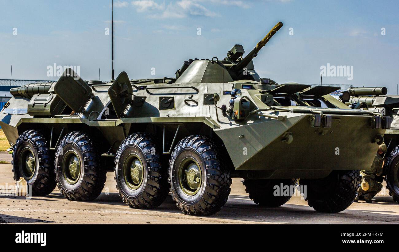 Combat wheeled amphibious armored personnel carrier BTR-80 of the Russian Army at the exhibition ...