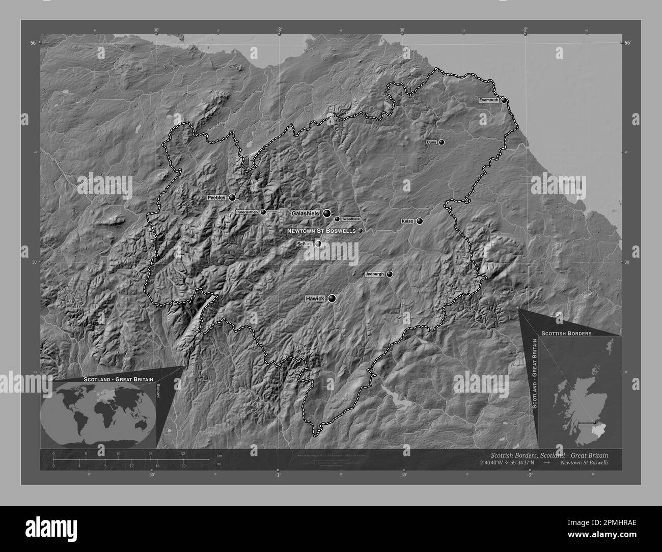 Scottish Borders, region of Scotland - Great Britain. Bilevel elevation ...
