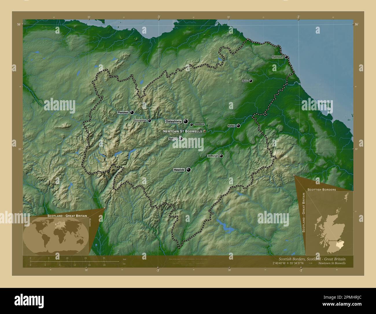 Scottish Borders, region of Scotland - Great Britain. Colored elevation ...